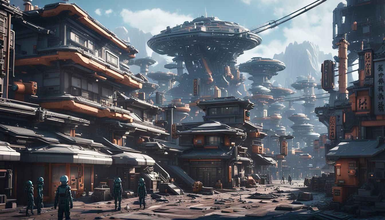 a science-fiction japanese town mixed with middle aged buildings in an ...