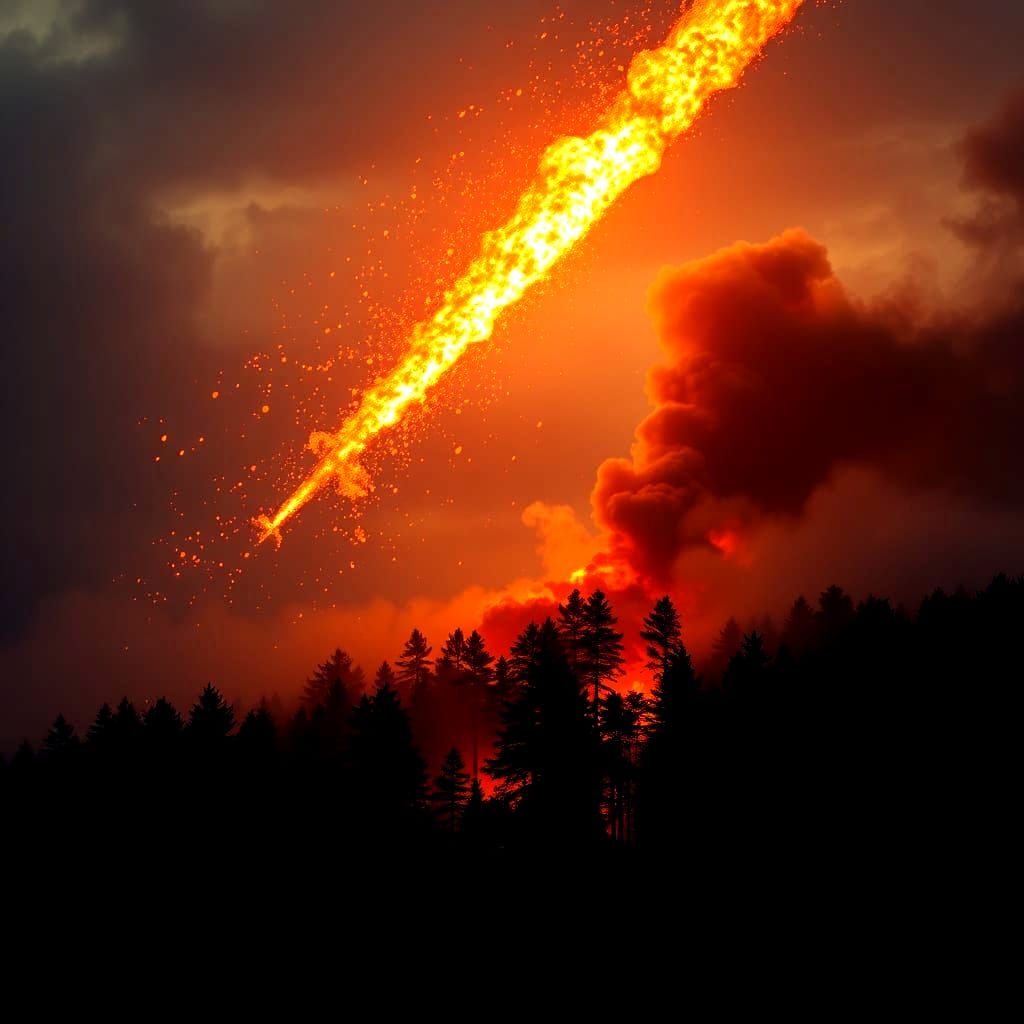 Fiery Meteor Explosion Over Dense Forest - AI Art