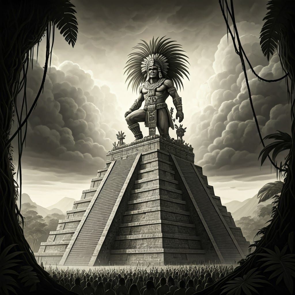 Aztec Rain God Tlaloc at Mesoamerican Pyramid in C... - AI Art