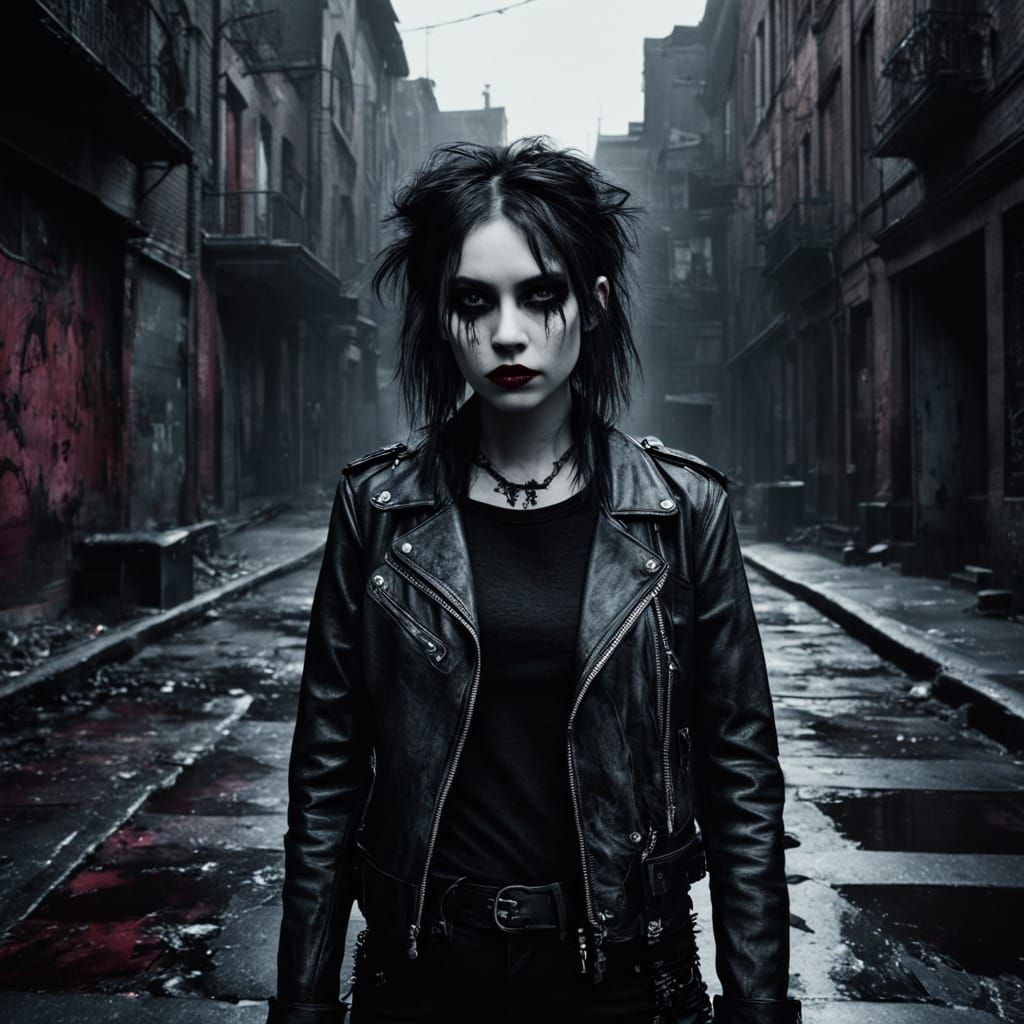 Gothic punk woman on a dimly lit city street, clad in black fishnets ...