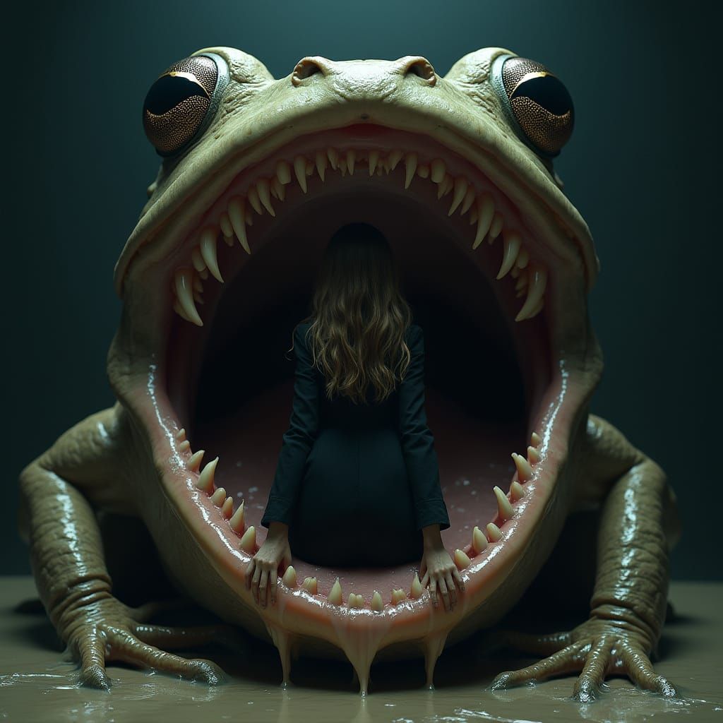 Surrealistic Frog Maw Swallows Woman in Dark, Fore... - AI Art