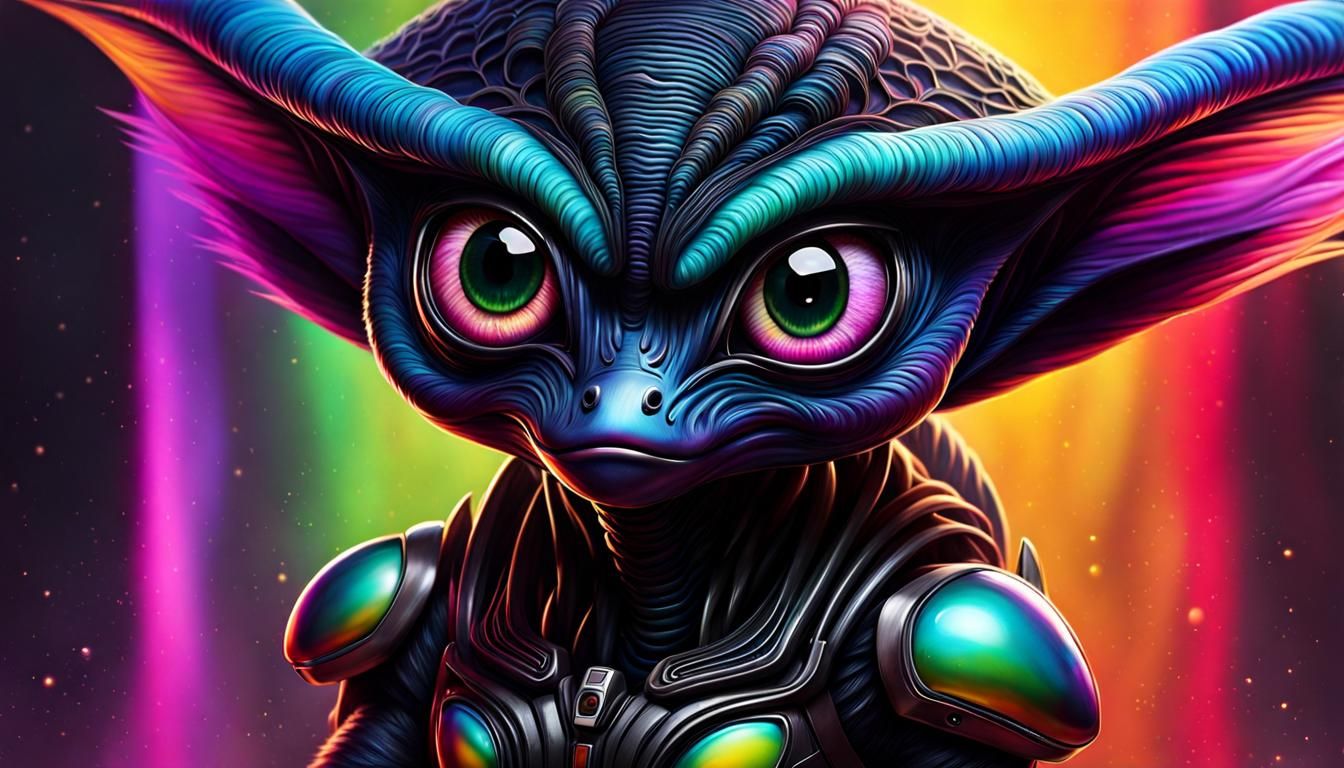 alien with body dark rainbow thick stringy fur elastic,solid black ...