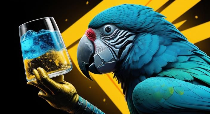 Cyborg bartender parrot cubist electric blue gold Hyperrealistic ...