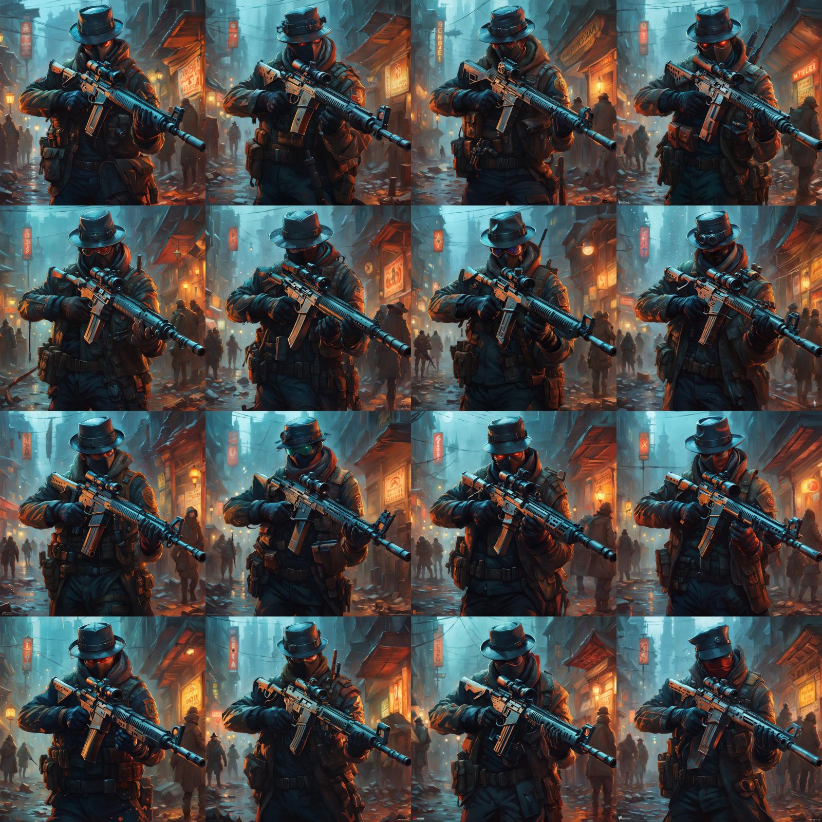 "Ominous and masked mercenary wielding a hyper-realistic rifle ...