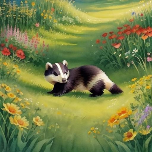 Adorable badger, watercolor painting of a beautiful flower meadow ...