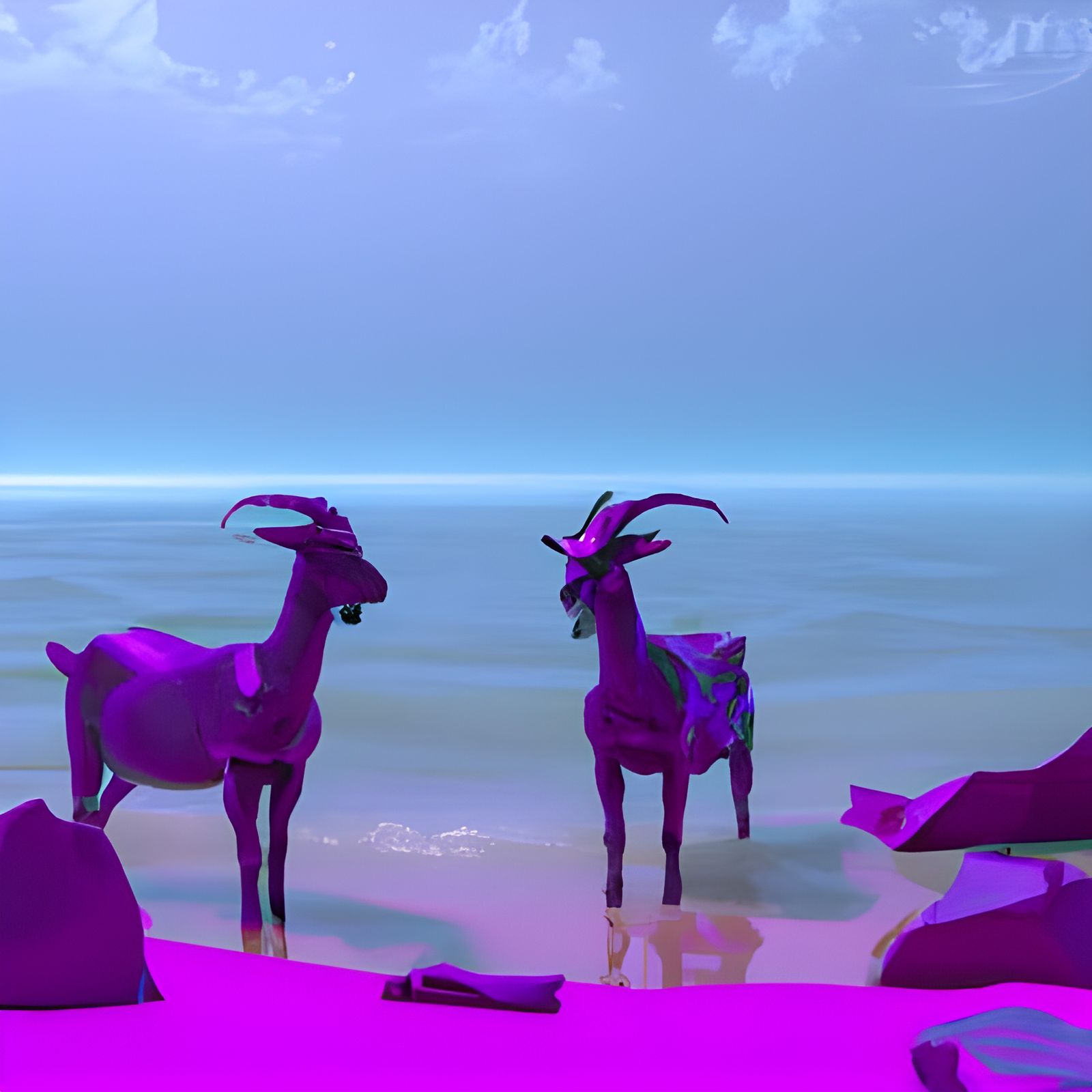 Two purple goats purple beach - AI Generated Artwork - NightCafe Creator