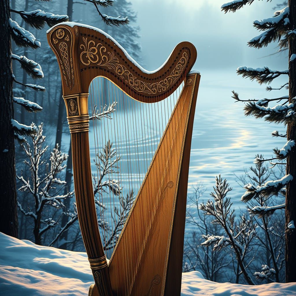 Ethereal Celtic Harp in Winter Wonderland Scene - AI Art
