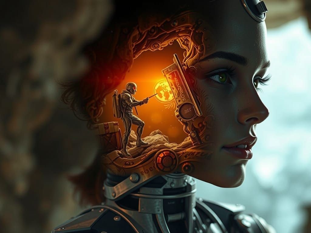 Synthetic Android Adventurer in Cave Treasure Hunt - AI Art