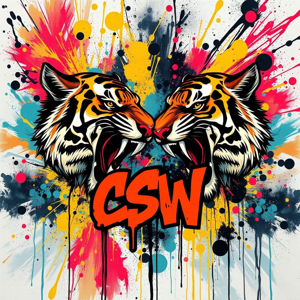 CSW Logo: Vibrant Tiger Heads in Graffiti-Tagged S... - AI Art