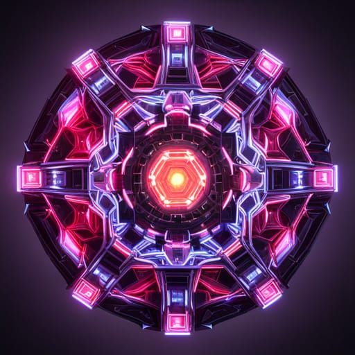Geometric mandala made of neon intricate mech details, ground level ...