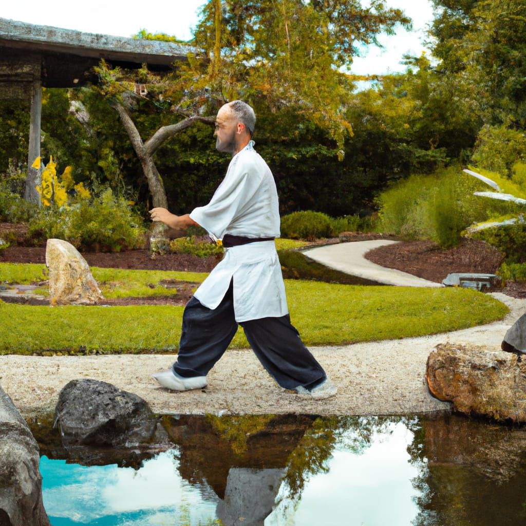 Tai chi practitioner surrounded by a beautiful Japanese Zen garden - AI ...