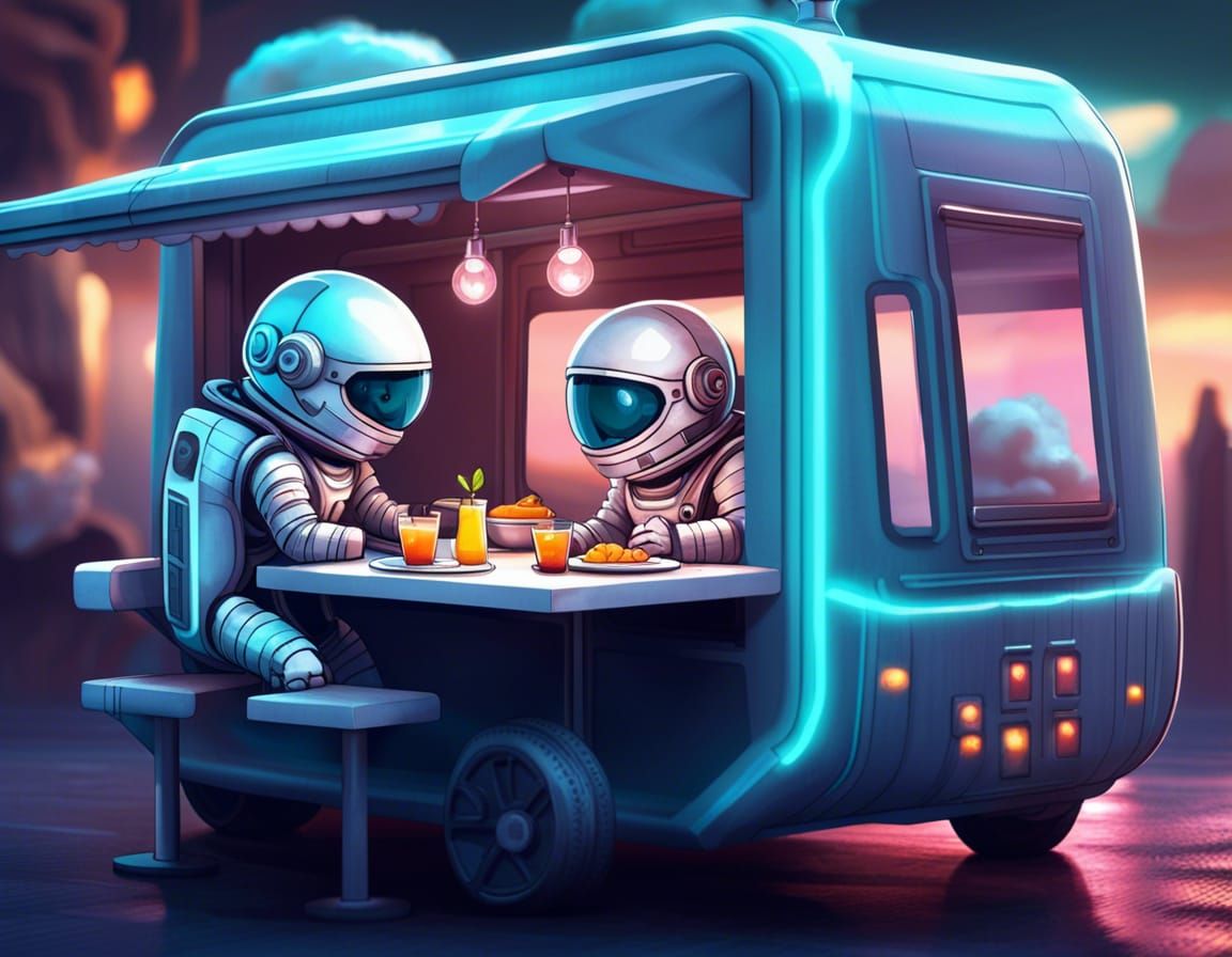 On a distant planet in a (futuristic science fiction food truck:1.7) a ...