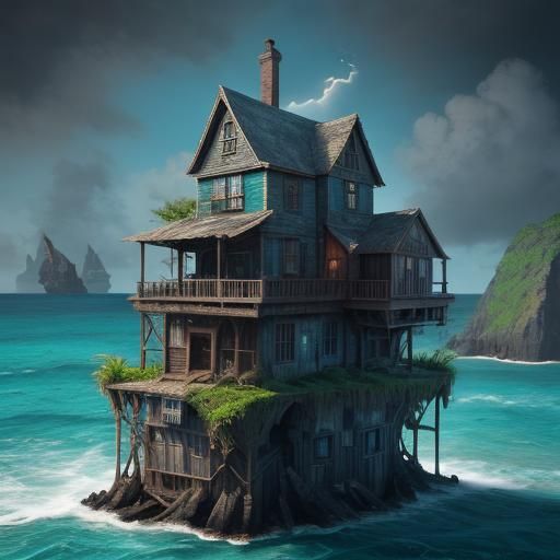 A multi-storey rickety old house on a tiny island in the middle of the ...