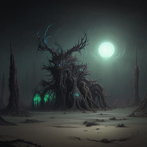 Distorted Exobiology World with Bioluminescent Mon... - AI Art