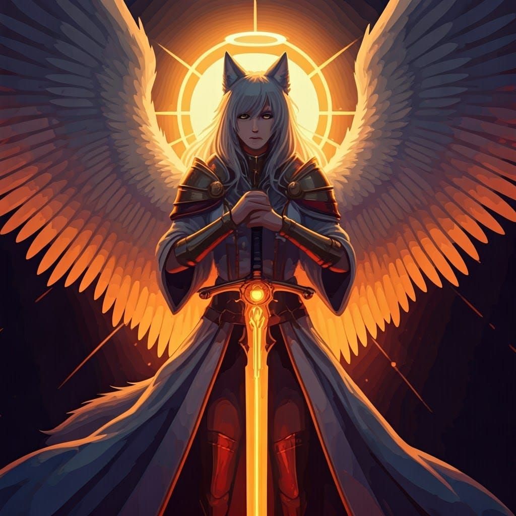 Angel of Dawn with Majestic Wolf-Earred Halo Sword - AI Art