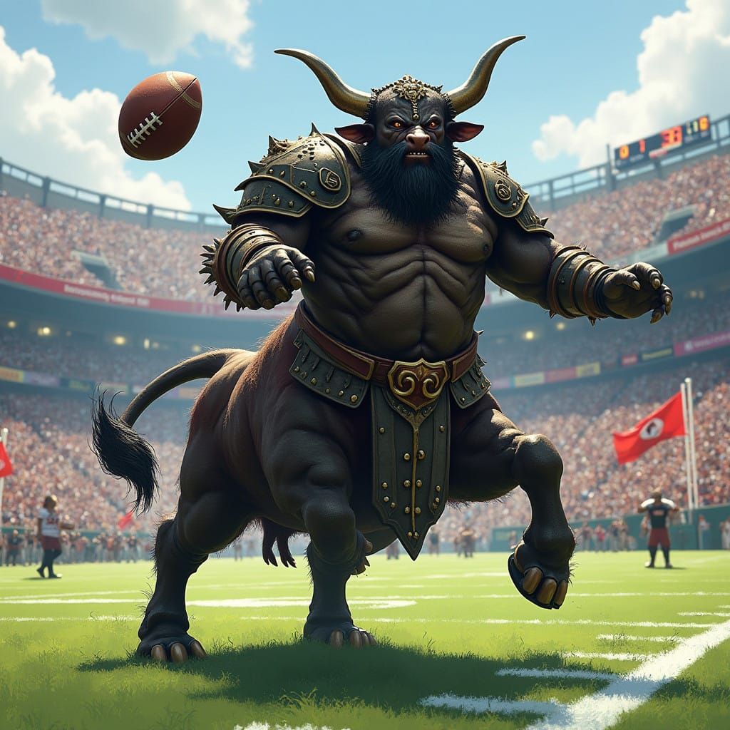 Chaos Dwarf Bull Centaur in Rugby Battle - AI Art