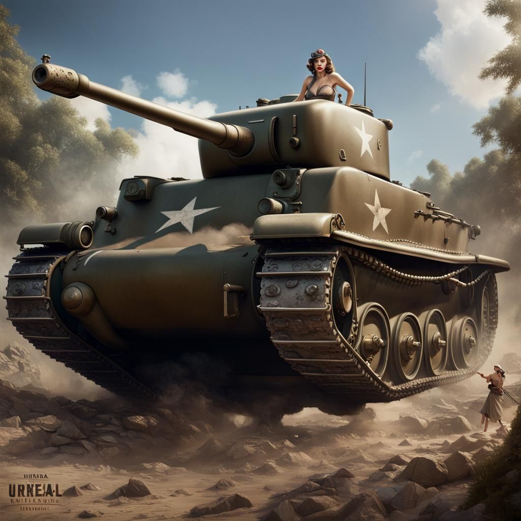 wwii tank pin up girl hyper realistic detailed matte painting, deep color, fantastical ...