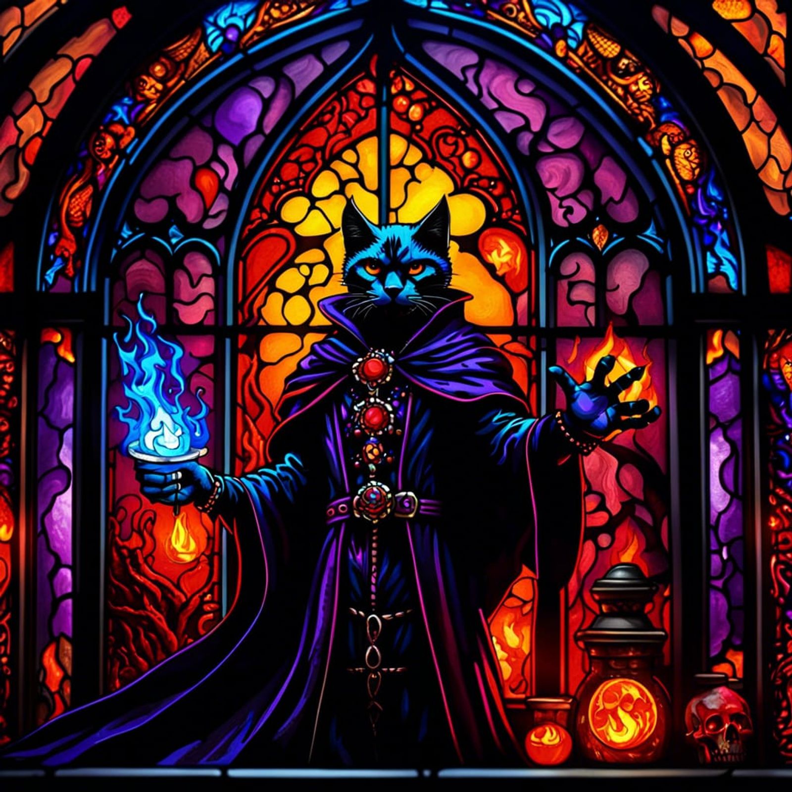 stained glass window, dark colors, ravens and skulls Humanoid black cat ...