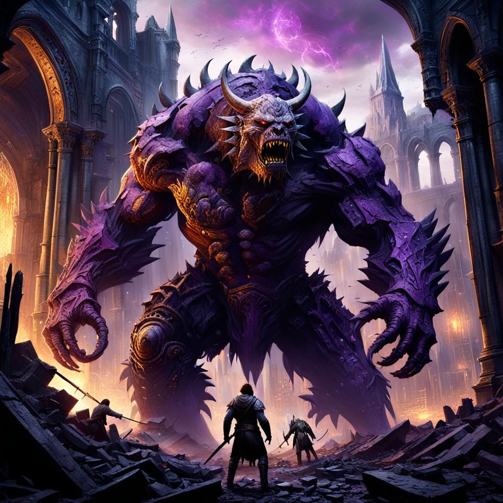 Epic Clash of Titans in Dark Gothic Ruins - AI Art