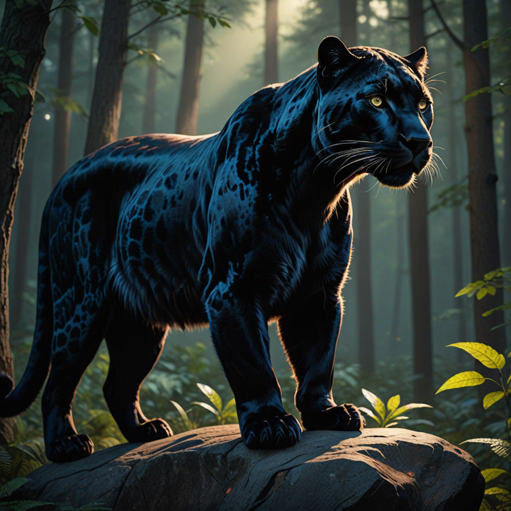 Hyper realistic panther with translucent fur glowing in the forest ...