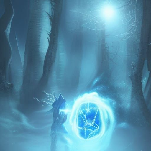 a wizard throwing blue ice electric balls of light into the darkness at ...