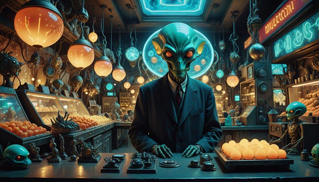 Surreal Alien Hardware Bazaar in Melting Oil on Ca... - AI Art