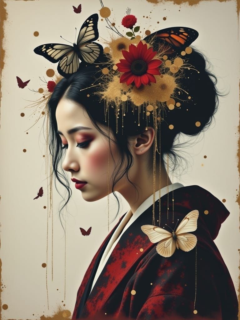 Whimsical Geisha Portrait in Textural Pastel and G... - AI Art