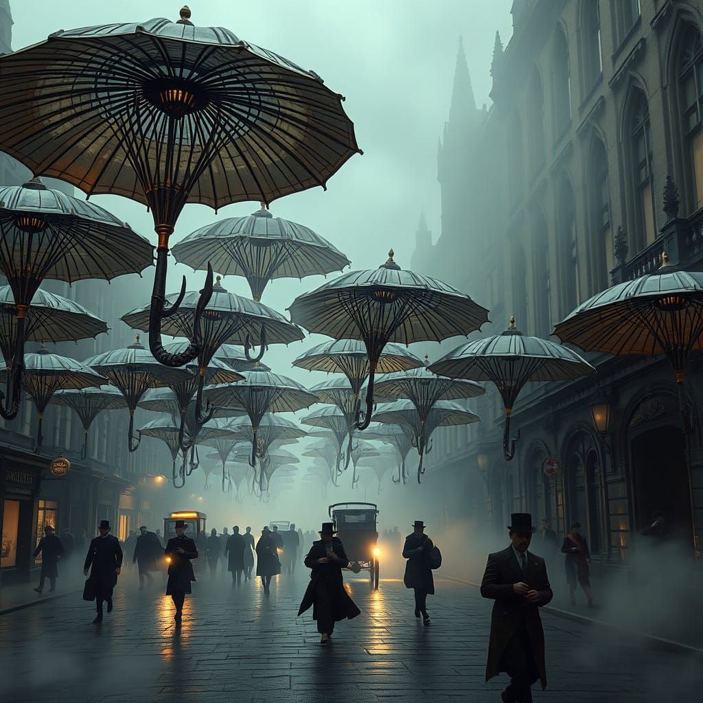 Steampunk Alien Umbrellas Descend on London 1911 i... - AI Art