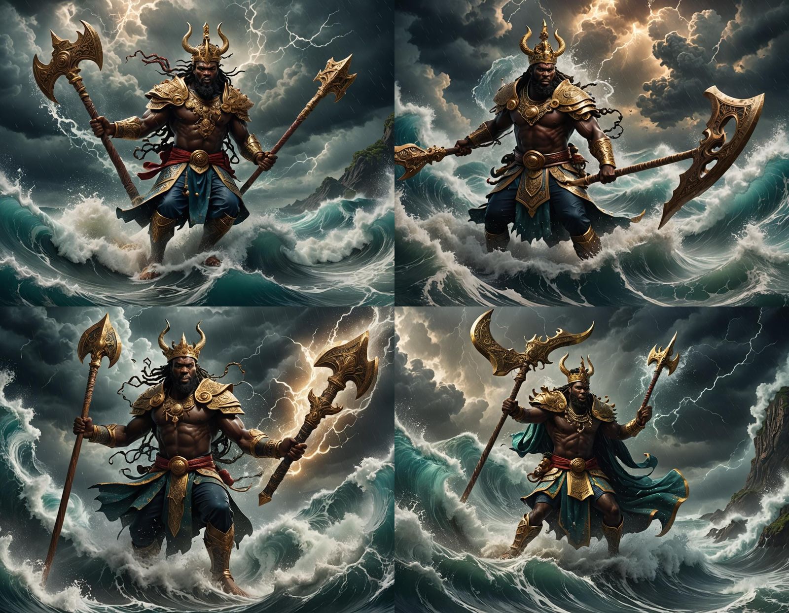 Make an image depicting the mythical African king Sango, emerging from ...