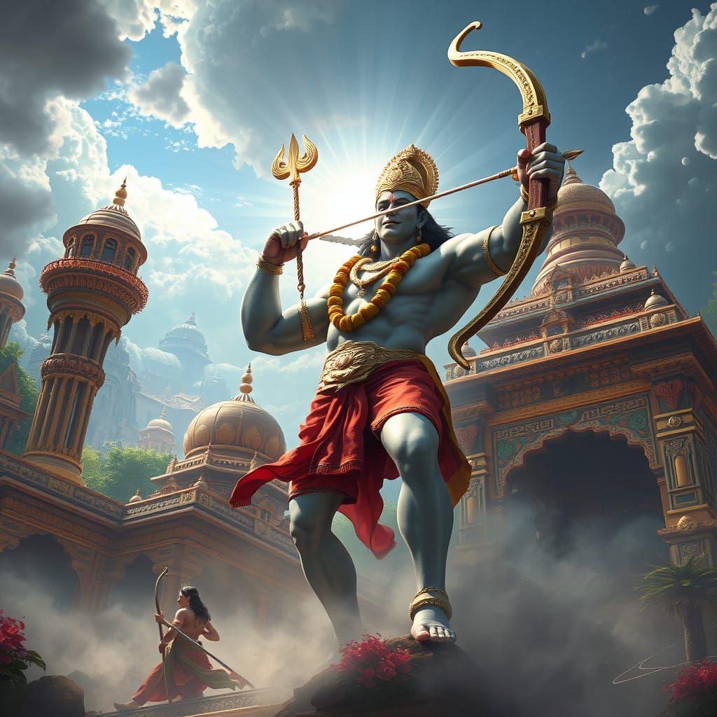 Godly Bodybuilder with Massive Bow in Vibrant Hind... - AI Art