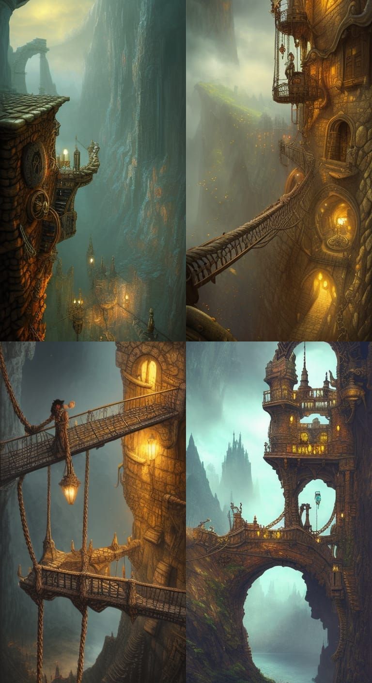 narrow dungeon chasm rope chain bridge, rickety dangerous precarious ...