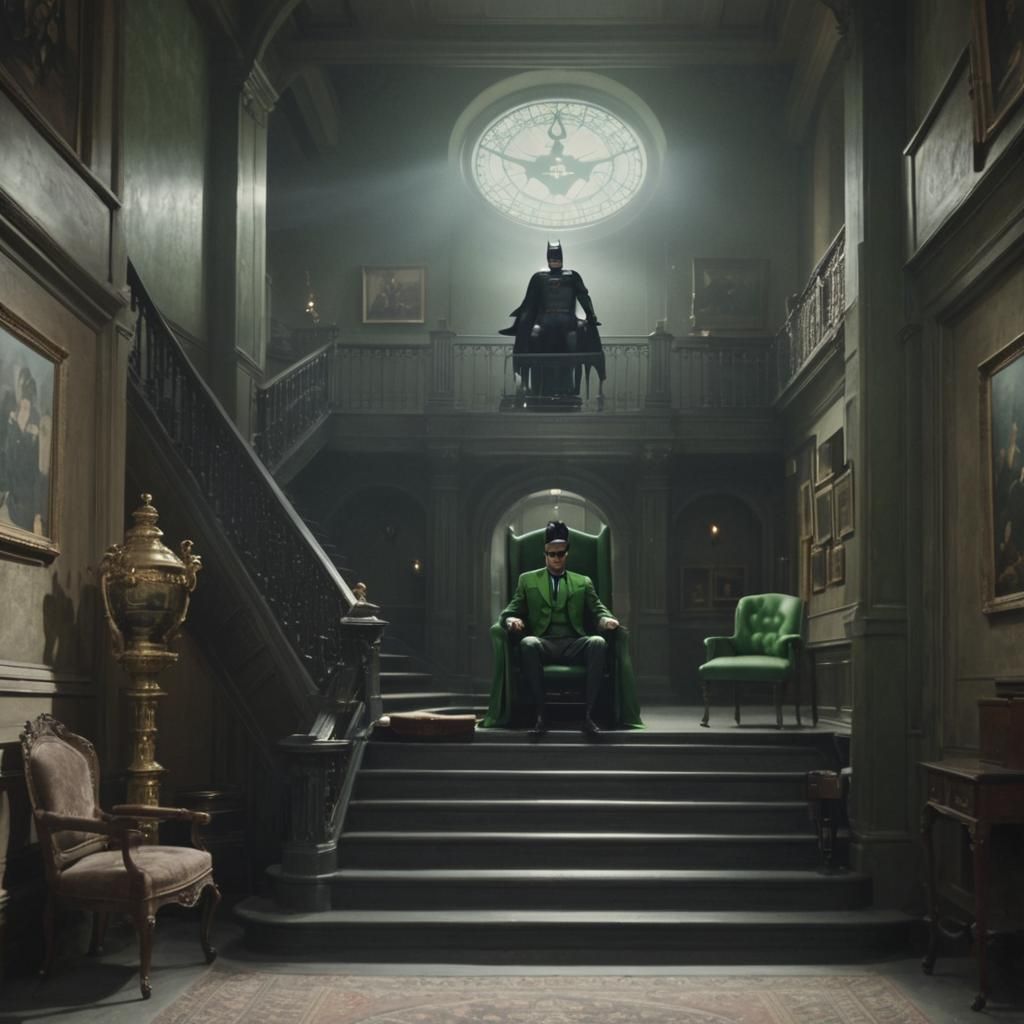 hall with stairs, there are chair, riddler and batman in hall, chair is ...