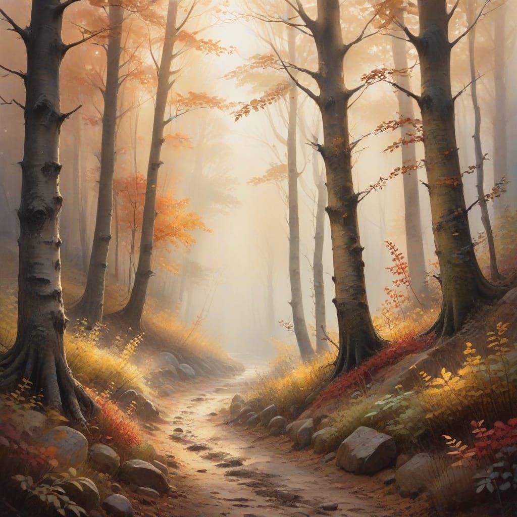 Whimsical Watercolor Forest Scene: Autumn Trail in... - AI Art