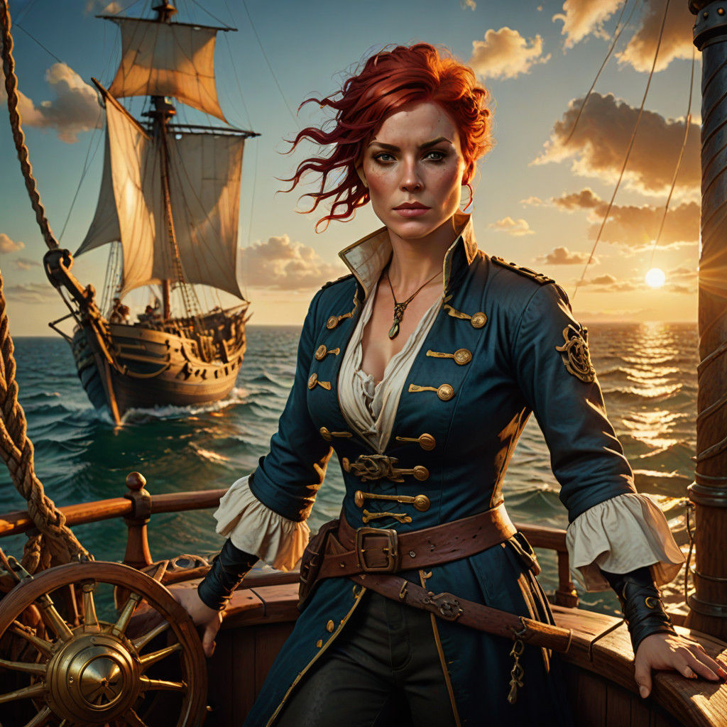 Here be an Irish female pirate captain with red hair in a pixie cut ...