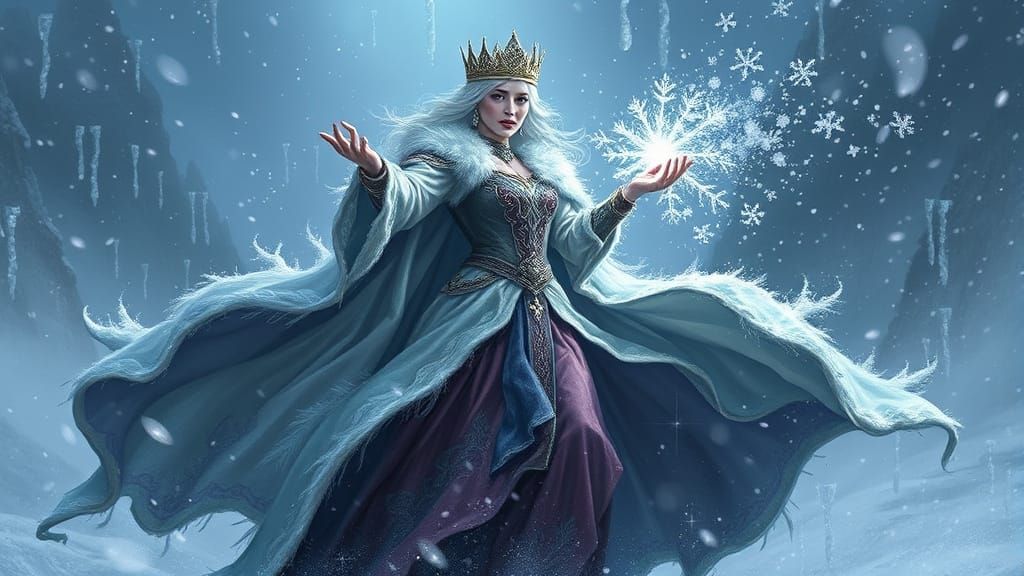 Mystical Queen Conjures Blizzard in Frosty Cloak - AI Art