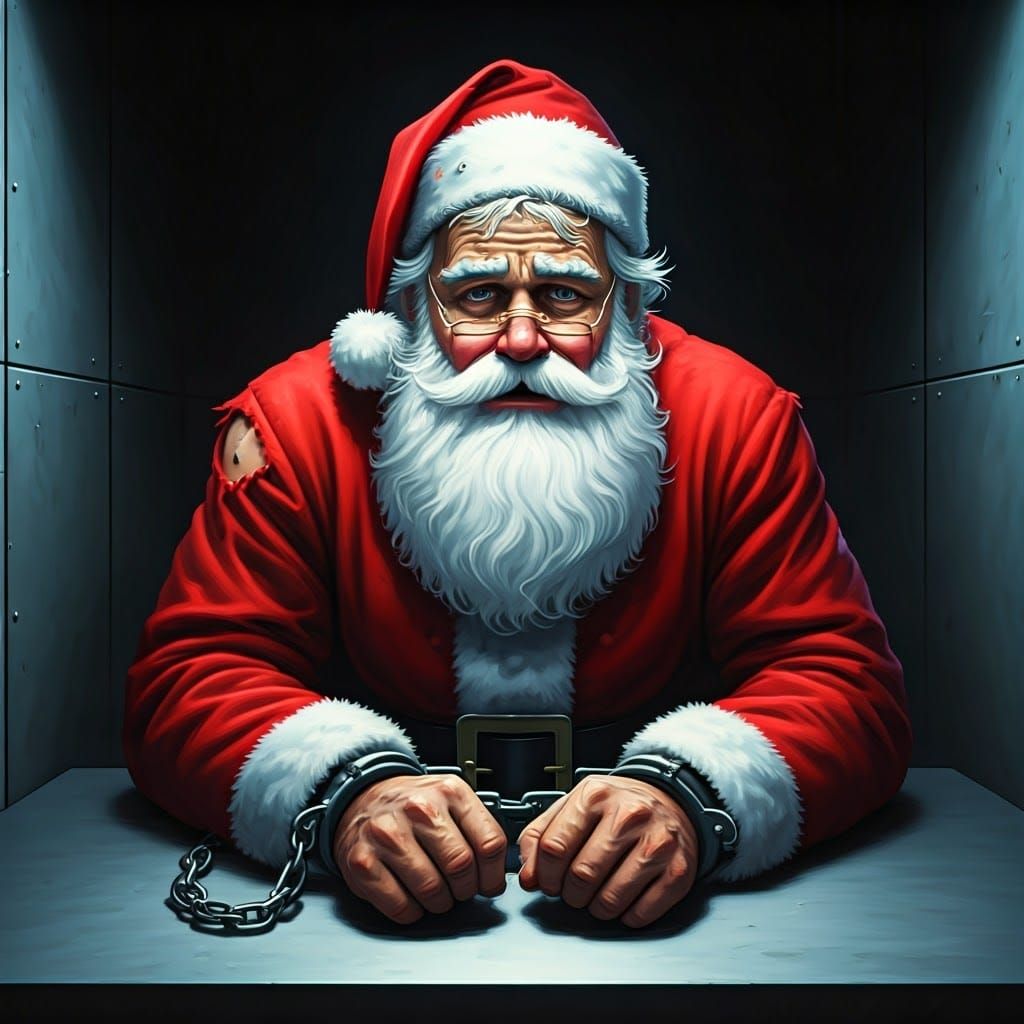 Santa claus, mug shot, arrested, clean oil ink airbrush illustration,