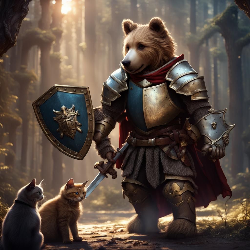 Teddy bear knight with a shield protecting cats from evil - AI ...
