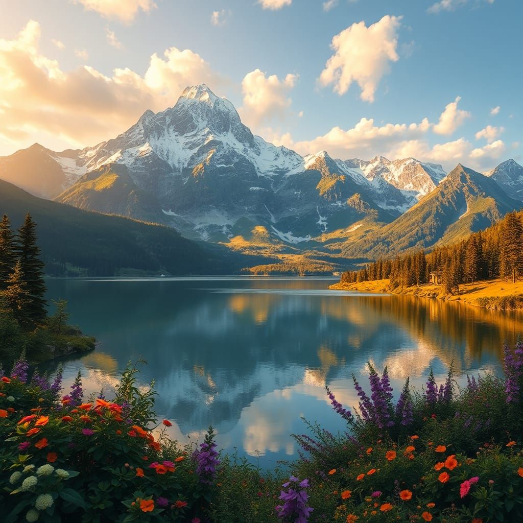 Scenery - Idyllic Mountain Lake Scene in Traditional Oil Pai...