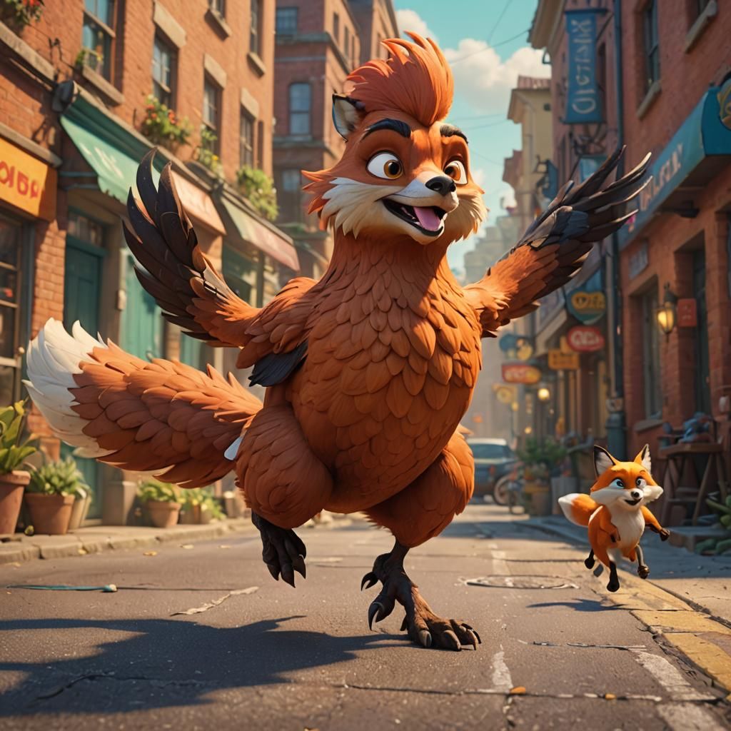 A super strong buffed hen, chasing after a worried fox, CGI 3D style ...