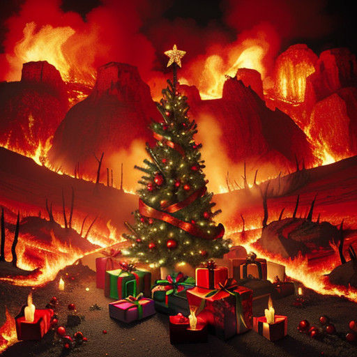 This image shows a vivid depiction of a Christmas scene in a fiery ...