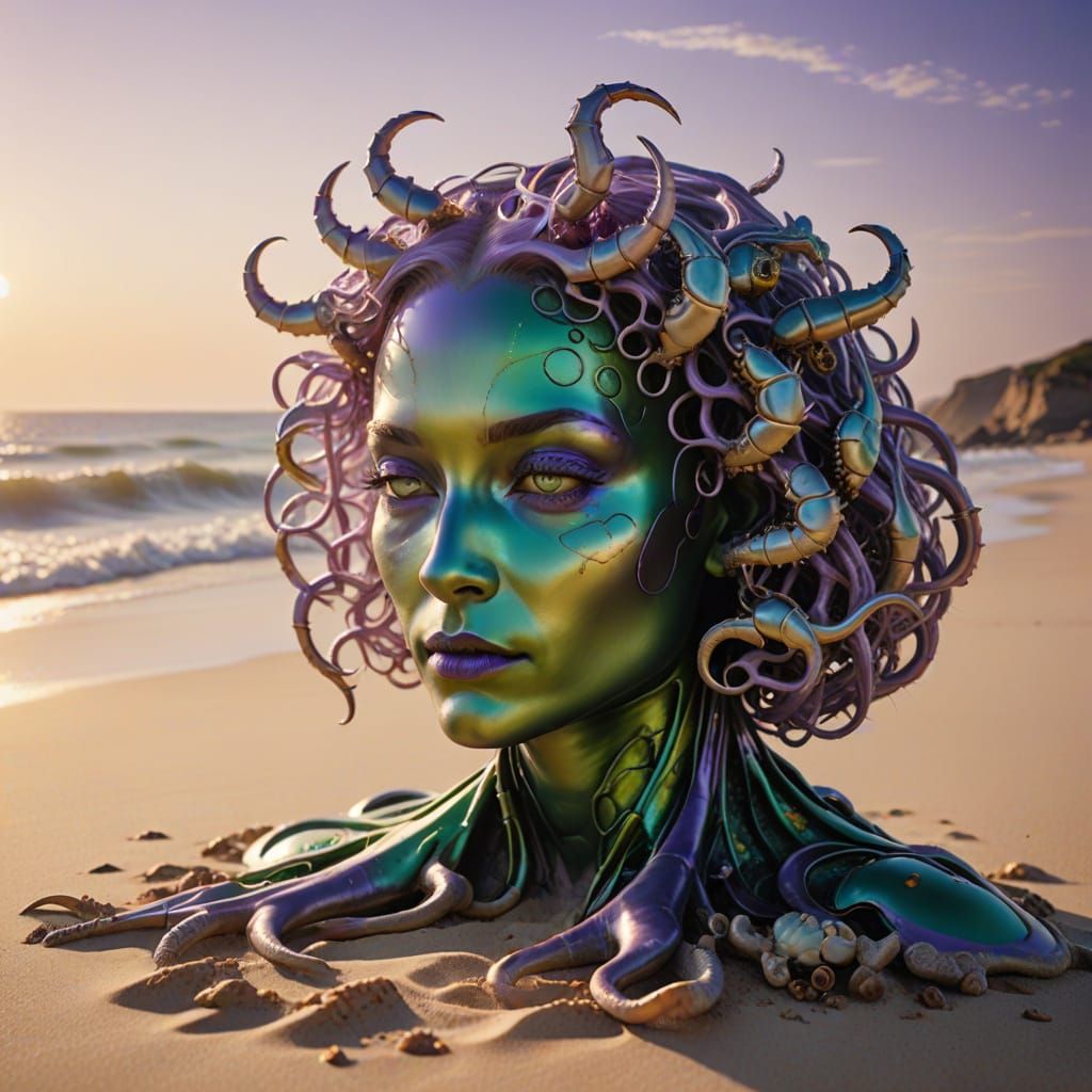 Lilac Alien Emerges from Vibrant Portal onto Sandy... - AI Art
