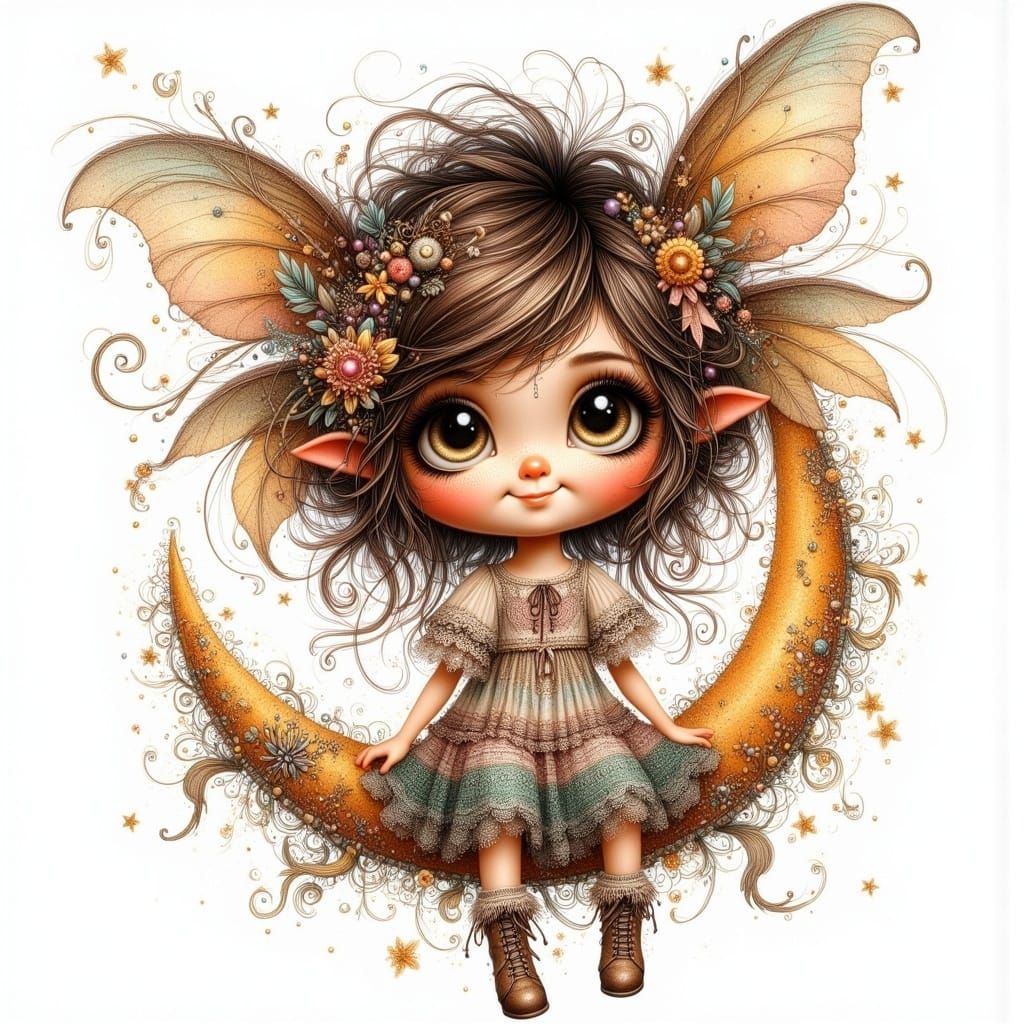 Good night - Whimsical Pixie Sits on Crescent Moon Among St...