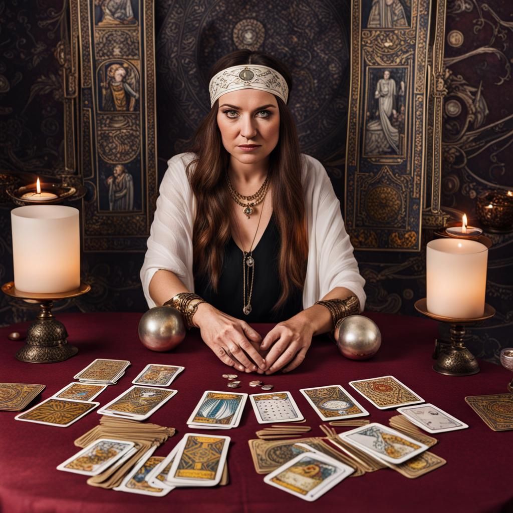 Fortune teller sitting at a table with tarot cards splayed out. - AI ...