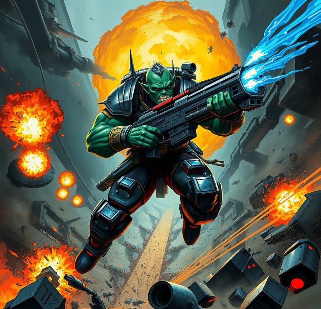 Cyberpunk Orc Mercenary Charges into Battle with A... - AI Art