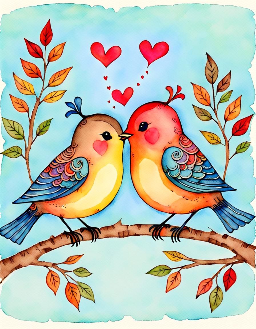 Birds falling in love Storybook illustration folk art Cute vintage ...