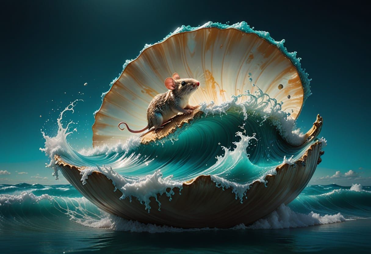 A surreal scene of a surfing mice, riding a turquoise-shimmering wave ...