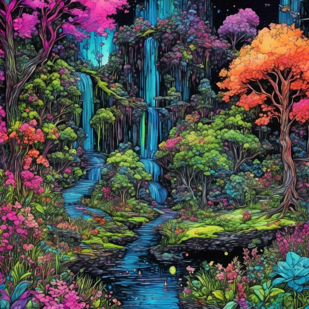 Fantastical faerie landscape in a neon black light fantasy setting, cat ...
