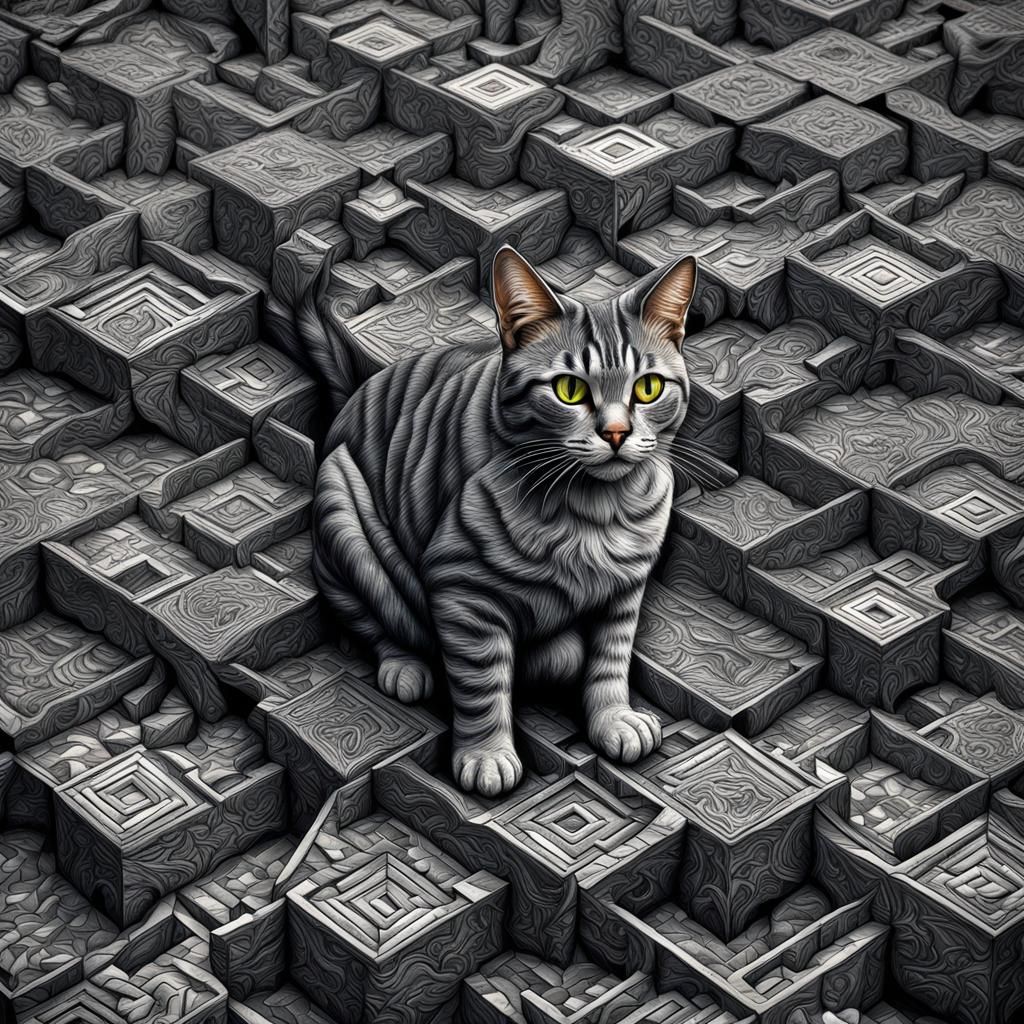 Escher-style tessellations of a cat, surrealism, hallucinations ...