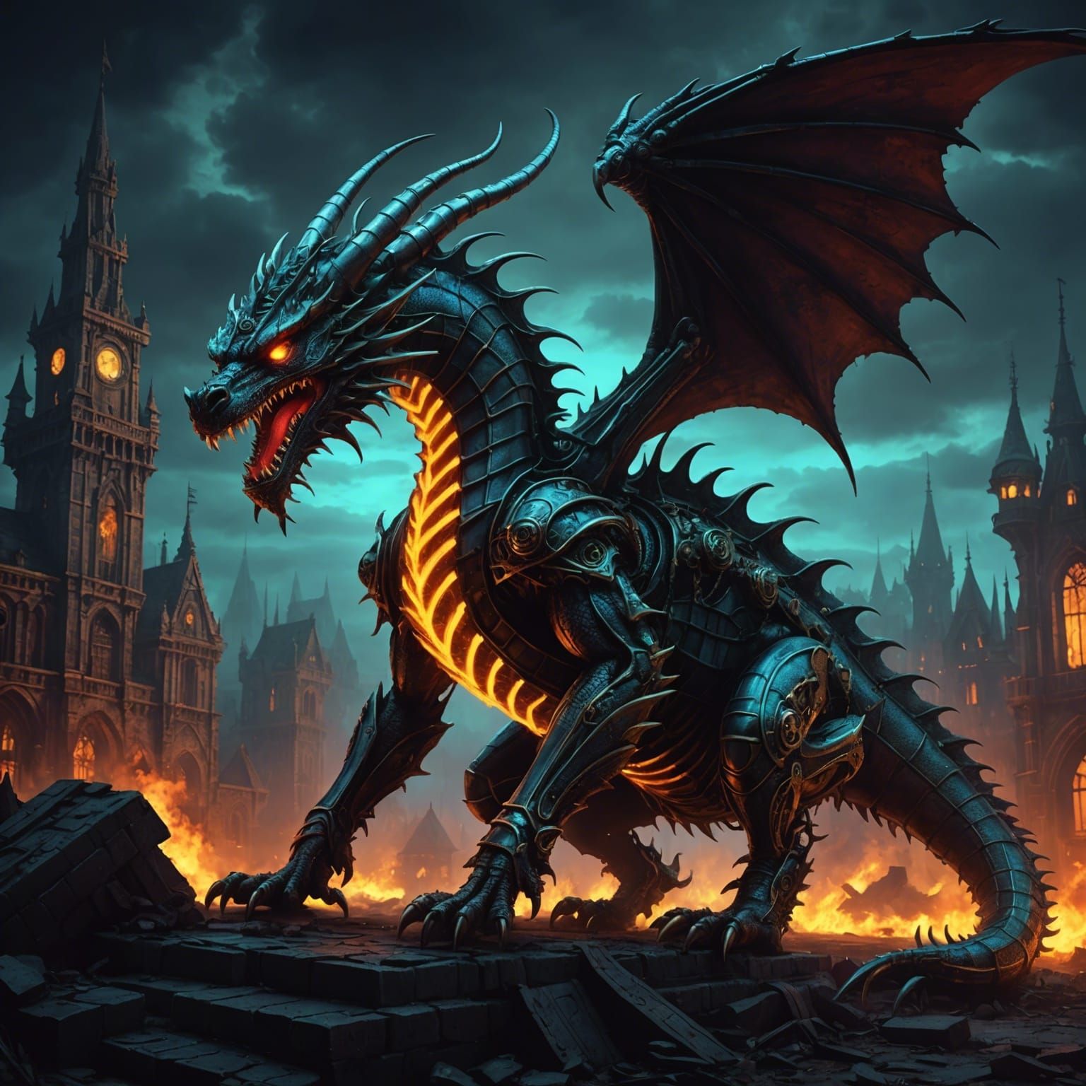 Glowing Neon Horror, Steampunk Dragon by Giger, Medieval Battlefield ...