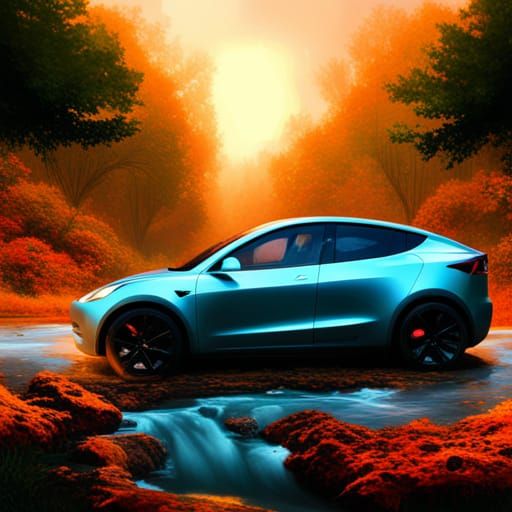 very detailed Tesla Model Y by a breathtakingly beautiful waterful with ...